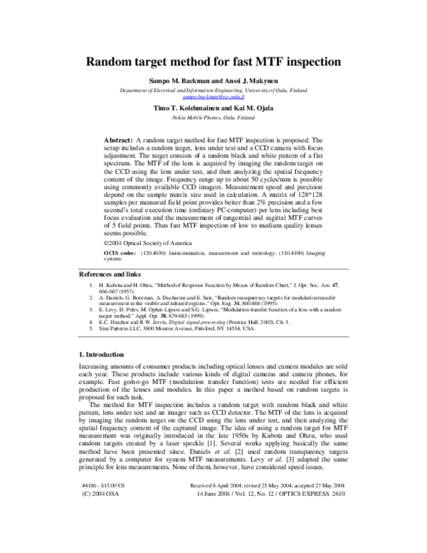 (PDF) Random target method for fast MTF inspection
