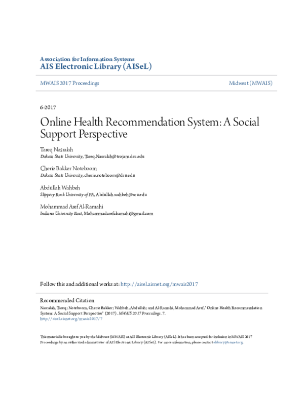 (PDF) Online Health Recommendation System: A Social Support Perspective