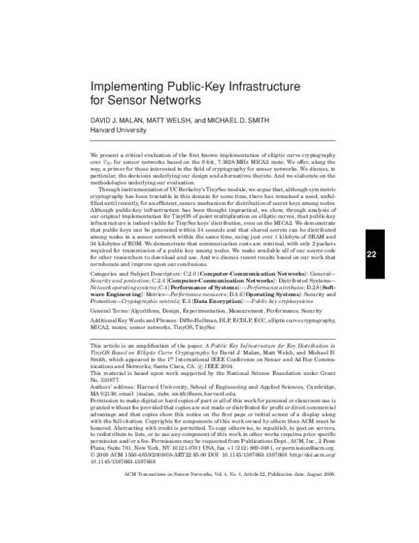 (PDF) Implementing public-key infrastructure for sensor networks