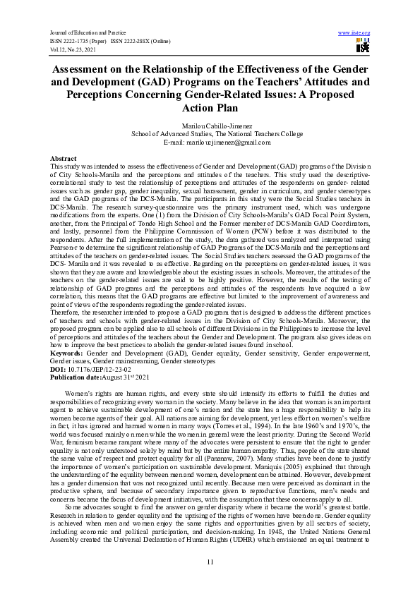 (PDF) Assessment on the Relationship of the Effectiveness of the Gender and Development (GAD ...