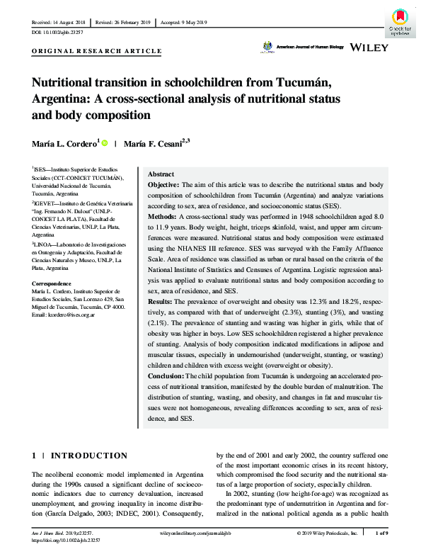 (PDF) Nutritional transition in schoolchildren from Tucumán, Argentina ...
