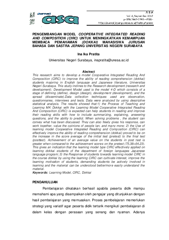(PDF) Pengembangan Model Cooperative Integrated Reading and Composition (Circ) Untuk ...