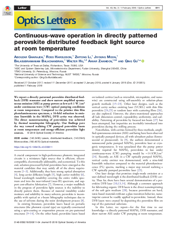 (PDF) Continuous-wave operation in directly patterned perovskite distributed feedback light ...