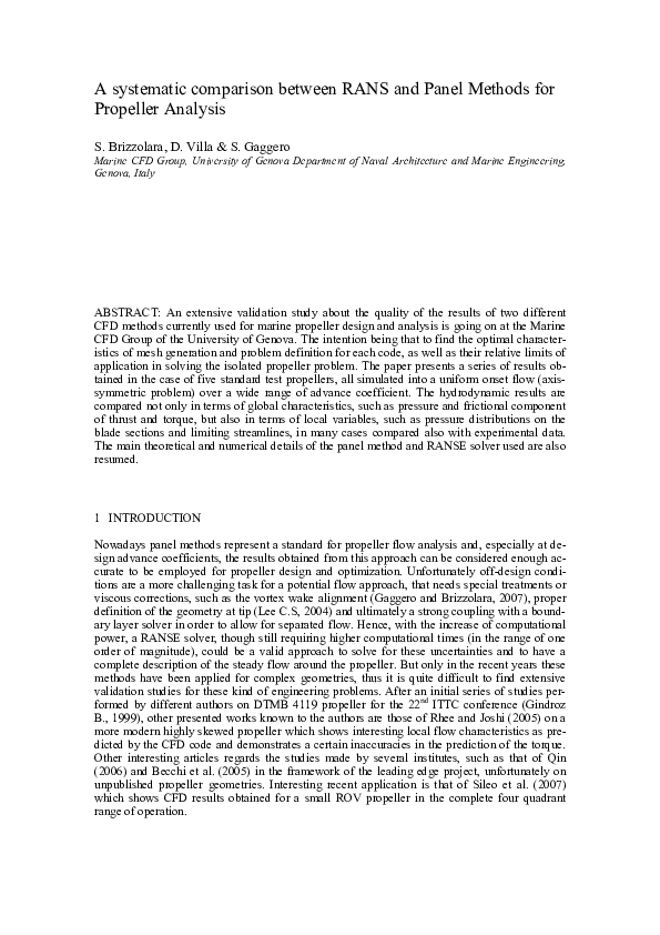 (PDF) A systematic comparison between RANS and panel methods for propeller analysis