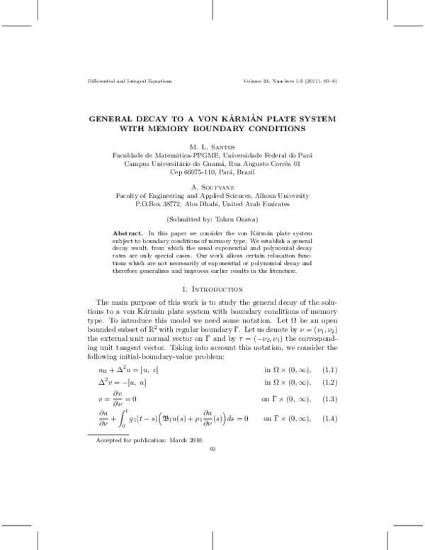 (PDF) General decay to a von Kármán plate system with memory boundary ...