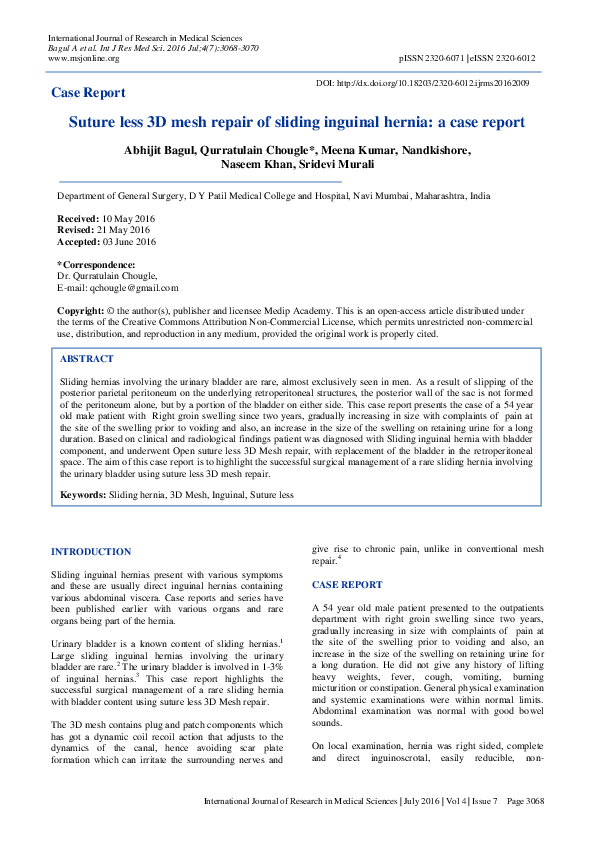 (PDF) Suture less 3D mesh repair of sliding inguinal hernia: a case report