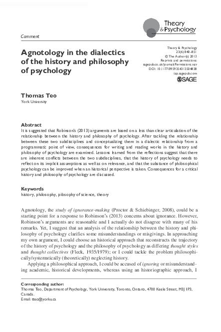 (PDF) Agnotology in the dialectics of the history and philosophy of psychology