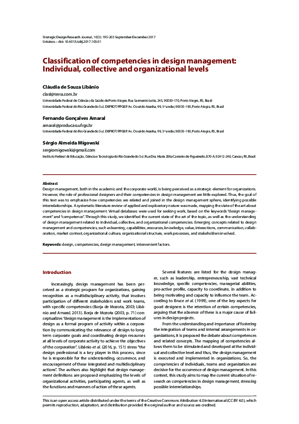 (PDF) Classification of competencies in design management: Individual ...