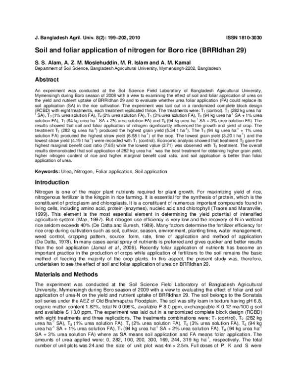 (PDF) Soil and foliar application of nitrogen for Boro rice (BRRIdhan 29)