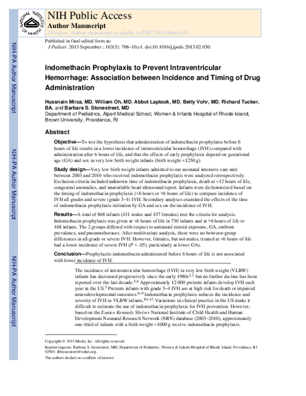(PDF) Indomethacin Prophylaxis to Prevent Intraventricular Hemorrhage ...