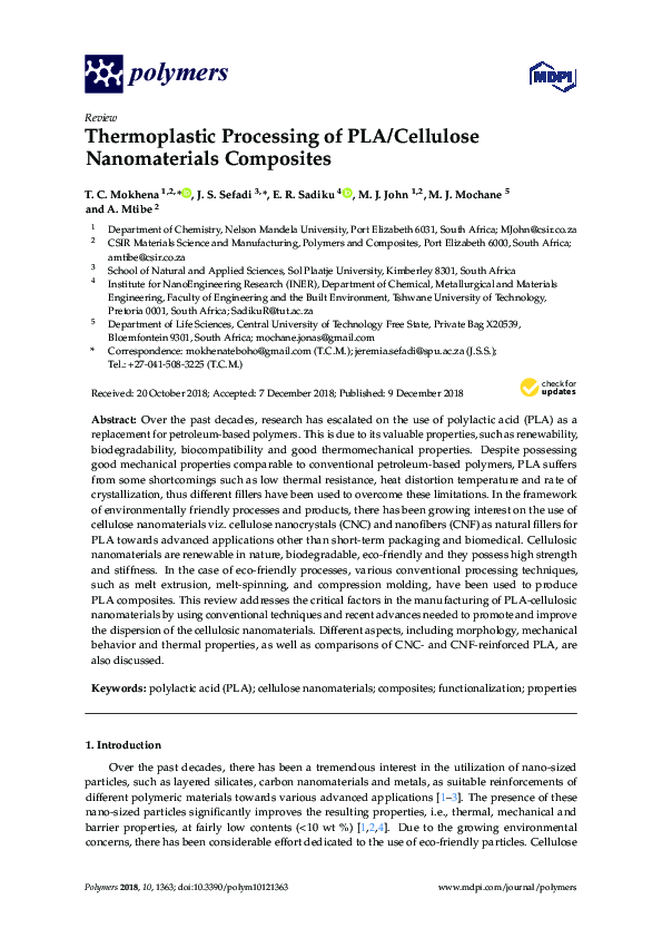 (PDF) Thermoplastic Processing of PLA/Cellulose Nanomaterials ...