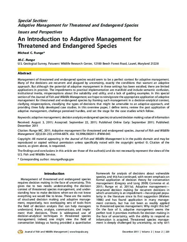 (PDF) Special Section: Adaptive Management for Threatened and ...
