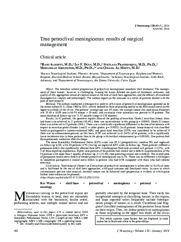 (PDF) True petroclival meningiomas: results of surgical management ...