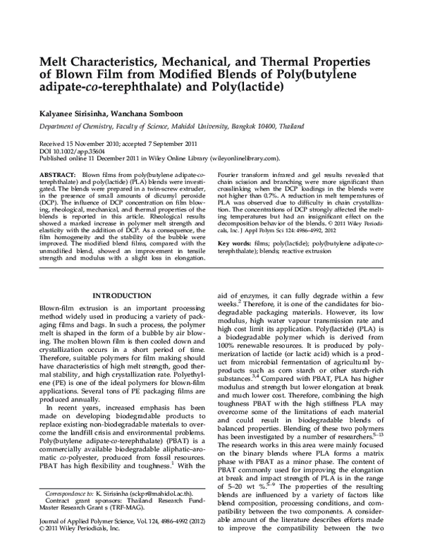 (PDF) Melt characteristics, mechanical, and thermal properties of blown film from modified ...