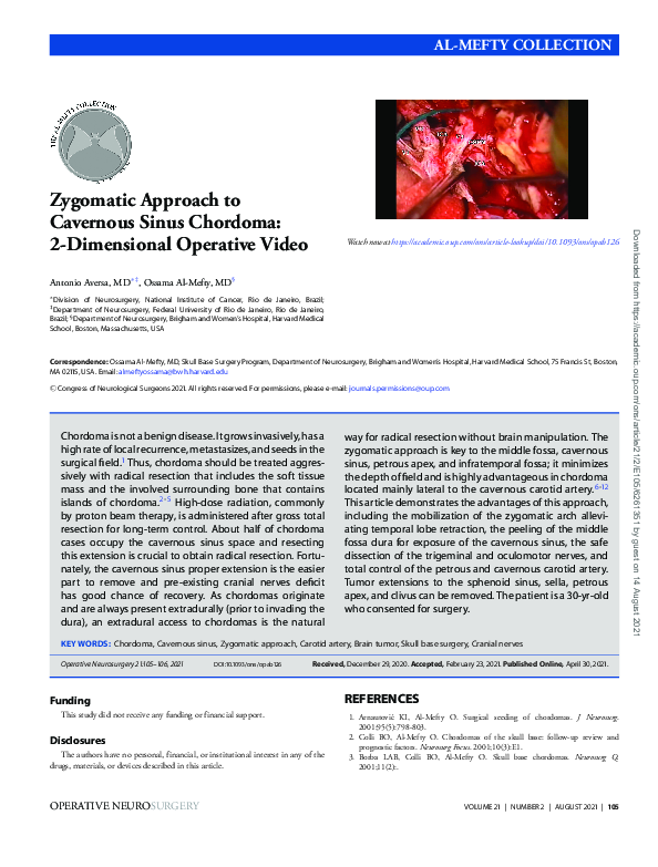 (PDF) Zygomatic Approach to Cavernous Sinus Chordoma: 2-Dimensional ...