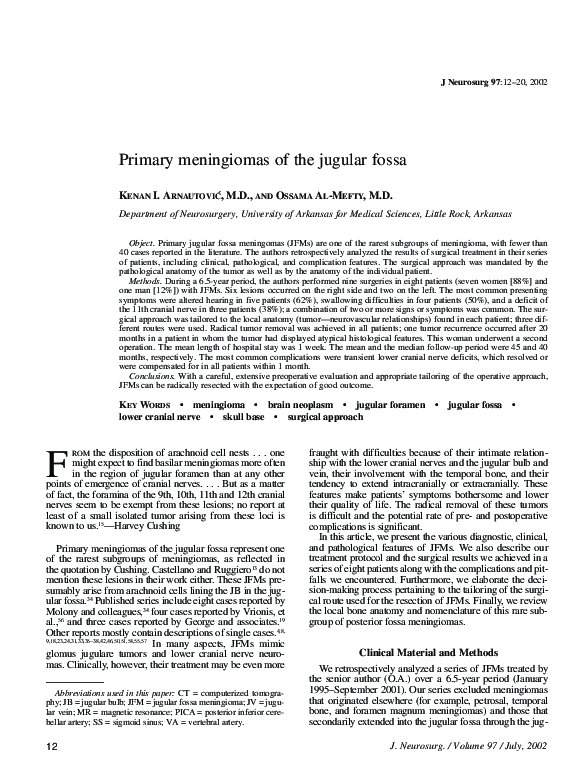 (PDF) Primary meningiomas of the jugular fossa | Ossama Al-mefty ...