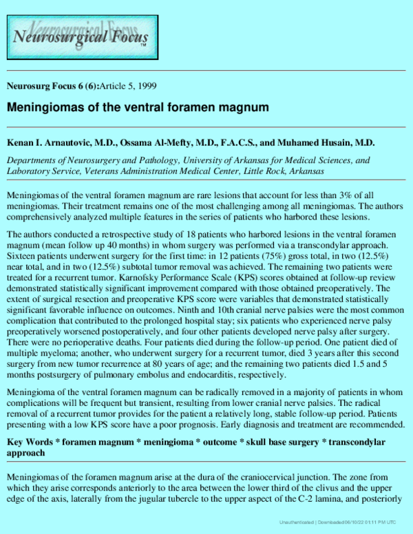 (PDF) Meningiomas of the ventral foramen magnum