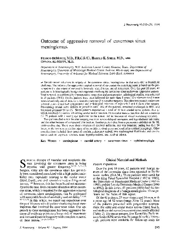 (PDF) Outcome of aggressive removal of cavernous sinus meningiomas