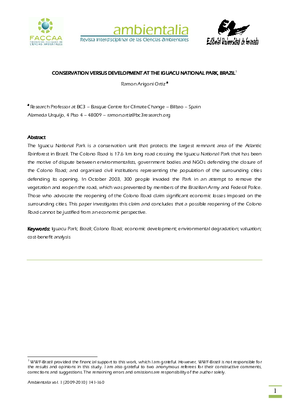 (PDF) Conservation Versus Development at the Iguacu National Park, Brazil
