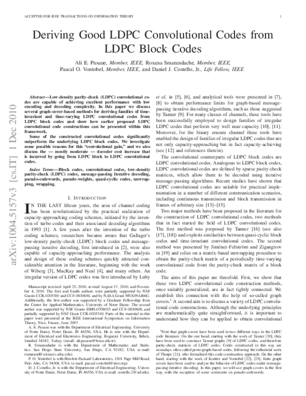 (PDF) Deriving Good LDPC Convolutional Codes from LDPC Block Codes