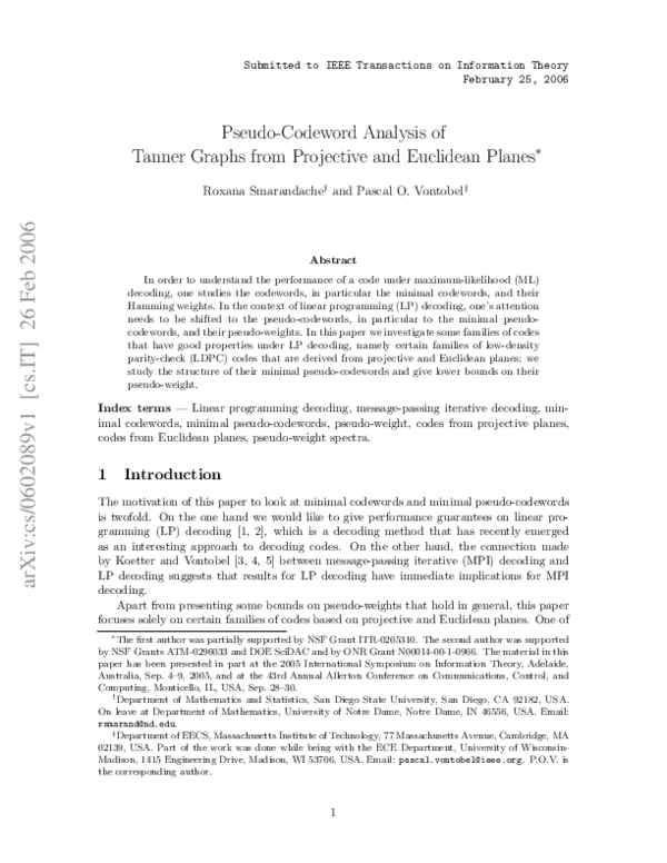 (PDF) Pseudo-Codeword Analysis of Tanner Graphs From Projective and ... (PDF) Pseudo-Codeword Analysis of Tanner Graphs From Projective and ...