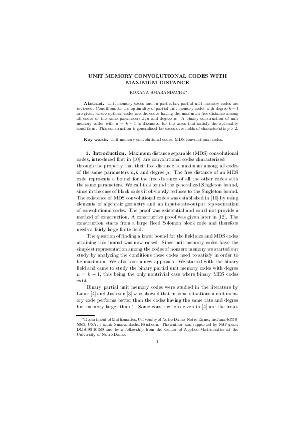 (PDF) Unit Memory Convolutional Codes with Maximum Distance