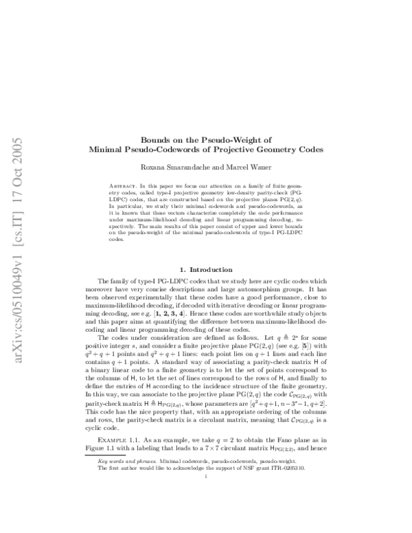 Pdf Bounds On The Pseudo Weight Of Minimal Pseudo Codewords Of Projective Geometry Codes