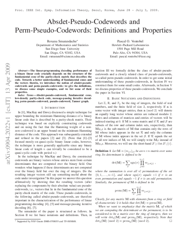 (PDF) Absdet-pseudo-codewords and perm-pseudo-codewords: Definitions and properties