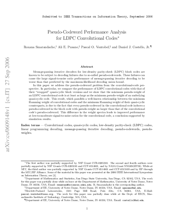 (PDF) Pseudocodeword Performance Analysis for LDPC Convolutional Codes