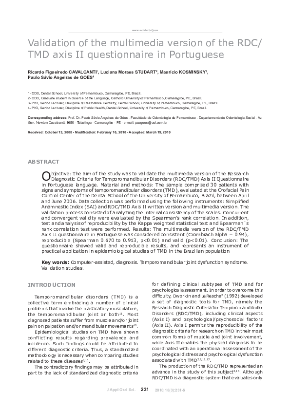(PDF) Validation of the multimedia version of the RDC/TMD axis II ...