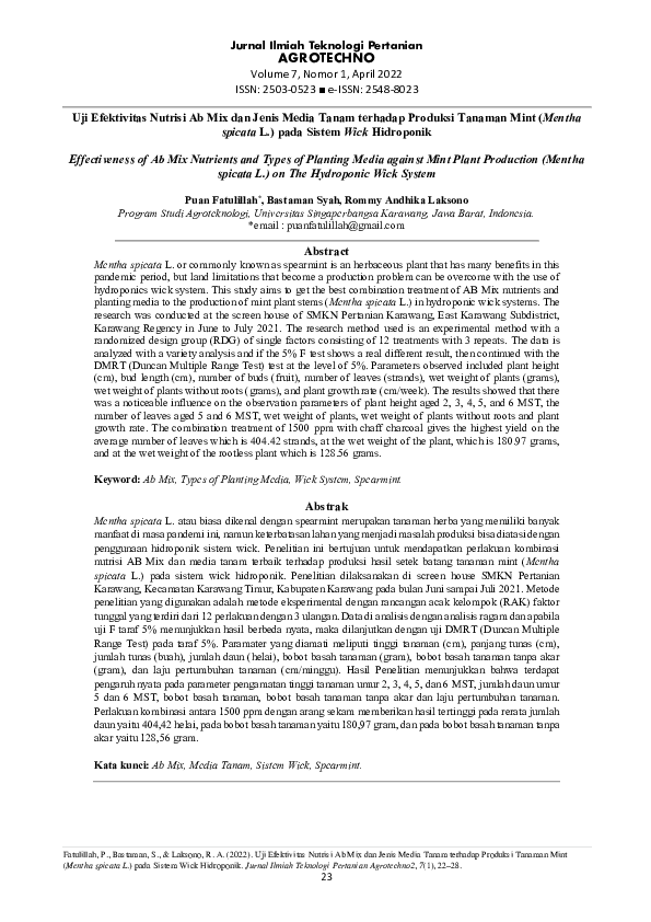(PDF) Uji Efektivitas Nutrisi Ab Mix dan Jenis Media Tanam terhadap ...