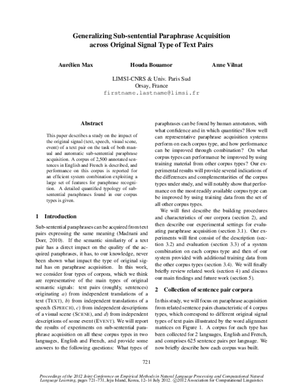 (PDF) Generalizing sub-sentential paraphrase acquisition across original signal type of text pairs
