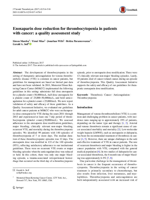 (PDF) Enoxaparin dose reduction for thrombocytopenia in patients with cancer: a quality ...