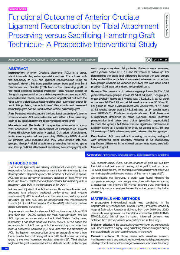 (PDF) Functional Outcome of Anterior Cruciate Ligament Reconstruction by Tibial Attachment ...