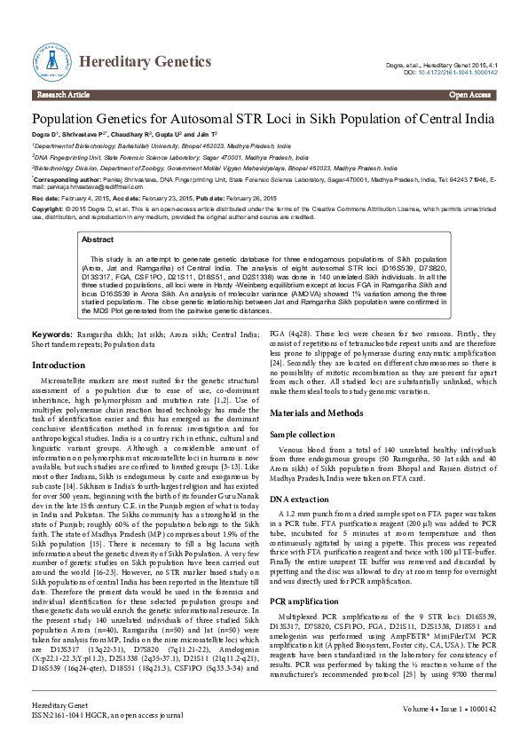 (PDF) Population Genetics for Autosomal STR Loci in Sikh Population of Central India