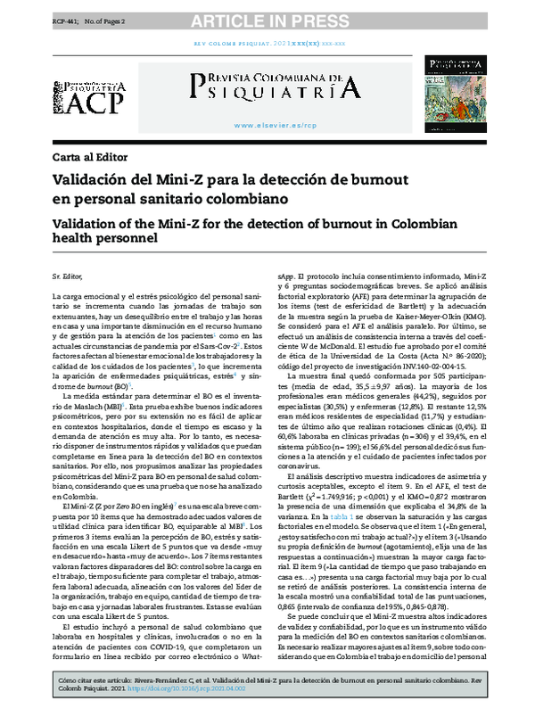 (PDF) Validación del Mini-Z para la detección de burnout en personal ...