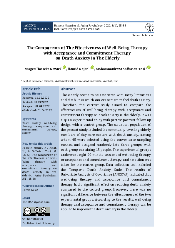 (PDF) The Comparison of The Effectiveness of Well‐Being Therapy with Acceptance and Commitment ...