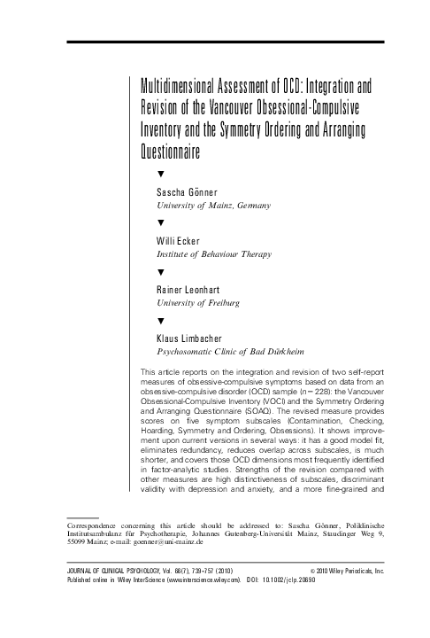 (PDF) Vancouver Obsessional-Compulsive Inventory-Revised (VOCI-R) 2010