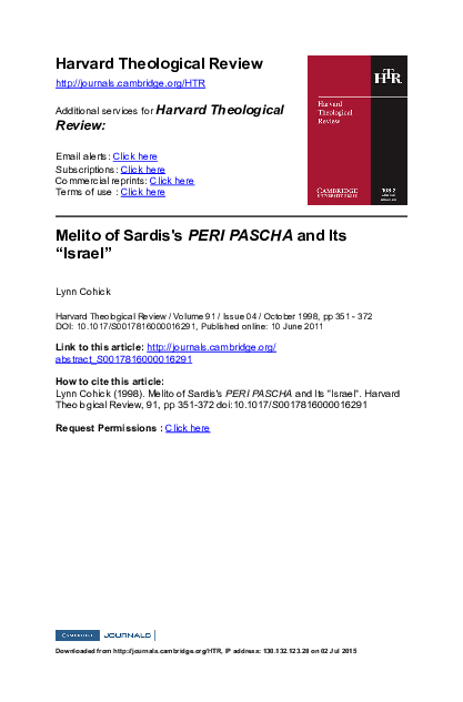 (PDF) Melito of Sardis's PERI PASCHA and Its “Israel”