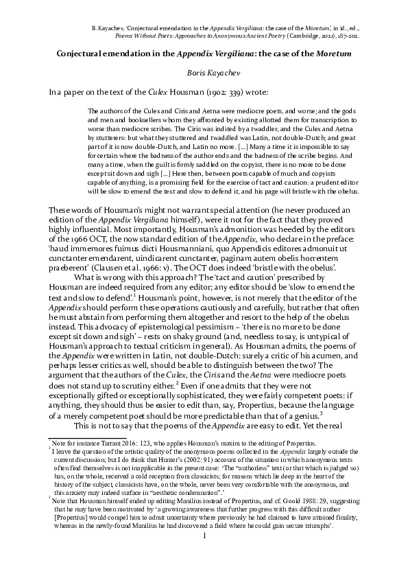 (PDF) 2021, Conjectural emendation in the Appendix Vergiliana: the case ...