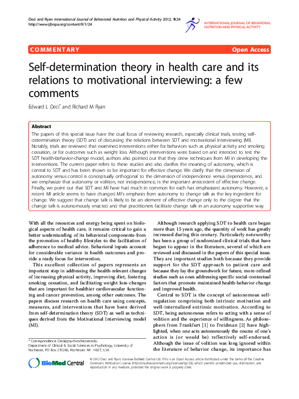 (PDF) Self-determination theory in health care and its relations to motivational interviewing: a ...