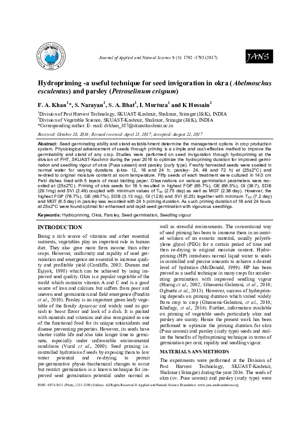 (PDF) Hydropriming -a useful technique for seed invigoration in okra ...