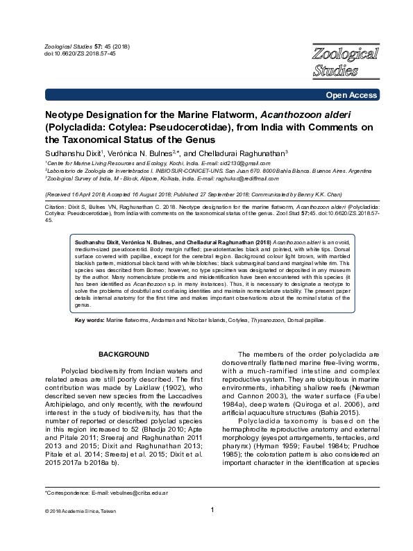(PDF) Neotype Designation for the Marine Flatworm, Acanthozoon alderi ...