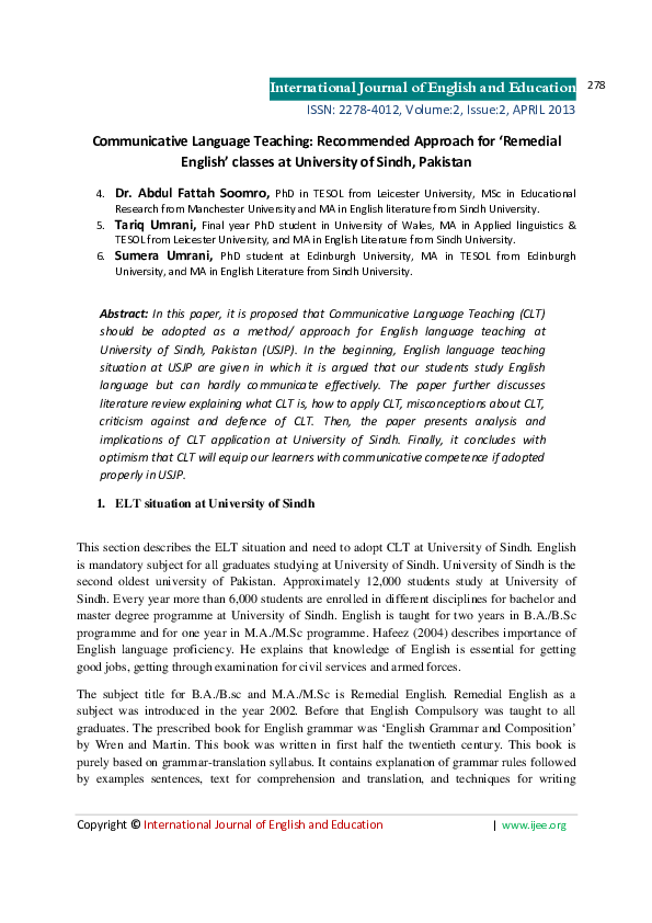 (PDF) Communicative Language Teaching: Recommended Approach for ...