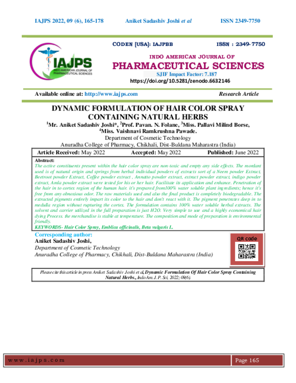 (PDF) DYNAMIC FORMULATION OF HAIR COLOR SPRAY CONTAINING NATURAL HERBS