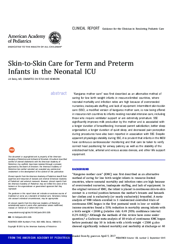 Skin-to-Skin Care for Term and Preterm Infants in the Neonatal ICU