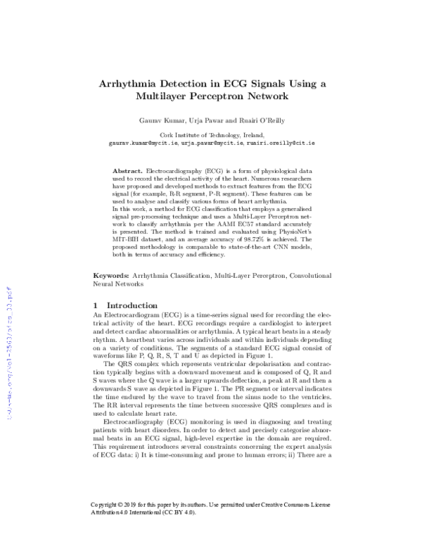 (PDF) Arrhythmia Detection in ECG Signals Using a Multilayer Perceptron Network