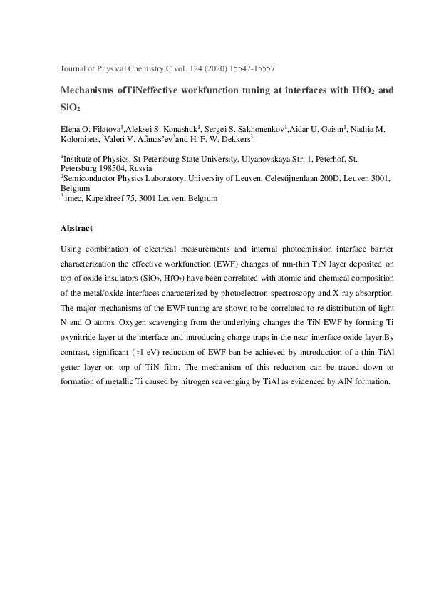 (PDF) Mechanisms of TiN Effective Workfunction Tuning at Interfaces with HfO2 and SiO2