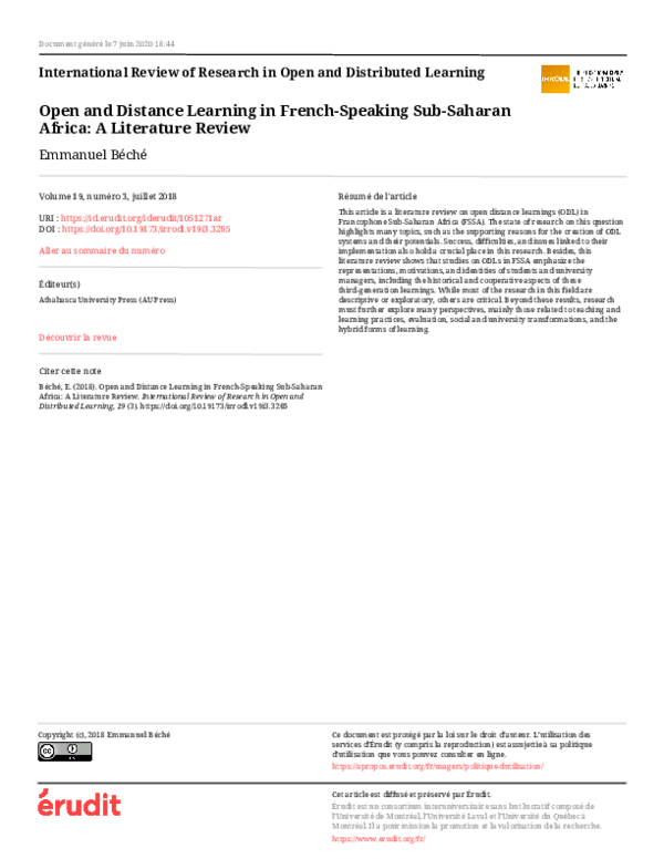 (PDF) Open and Distance Learning in French-Speaking Sub-Saharan Africa ...