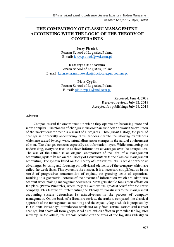 (PDF) The Comparison of Classic Management Accounting with the Logic of ...